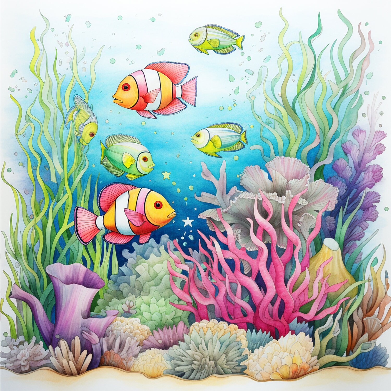 Drawing of a Colorfull Fishes in Coral Sea - Etsy