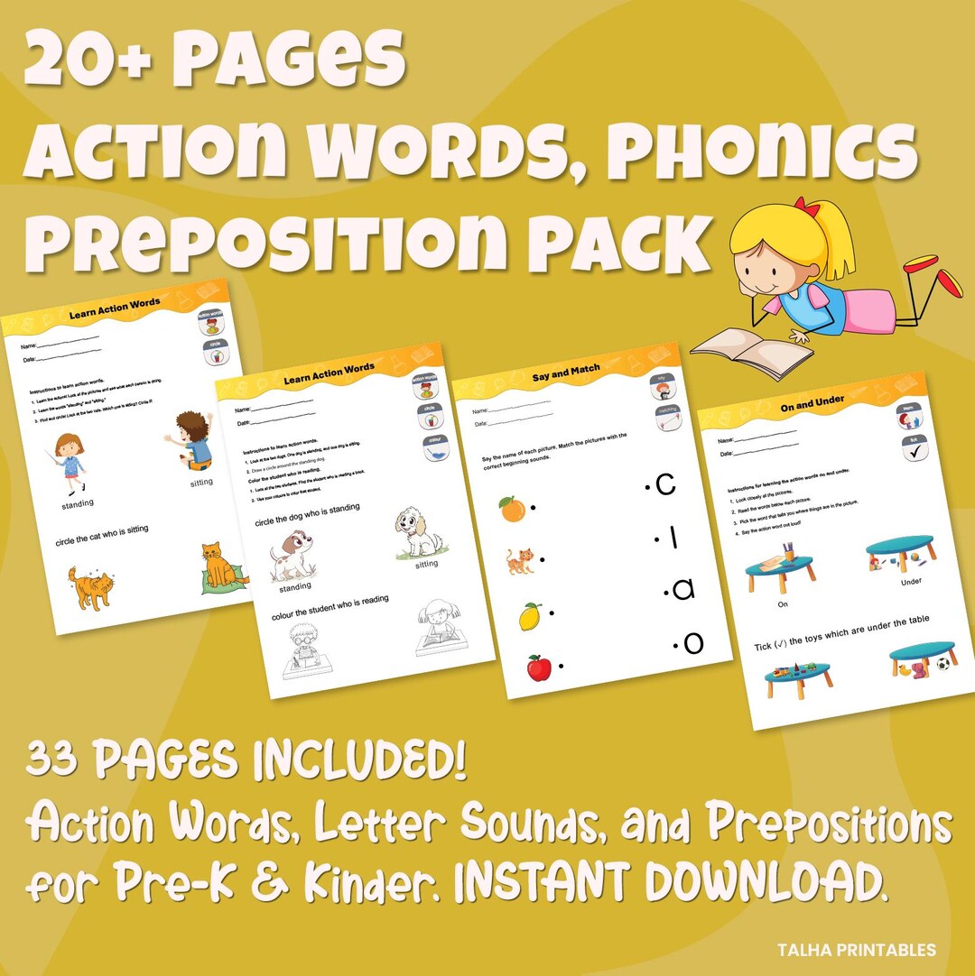 Action Verbs Phonics Pack, Preschool Matching Activity, Preschool ...