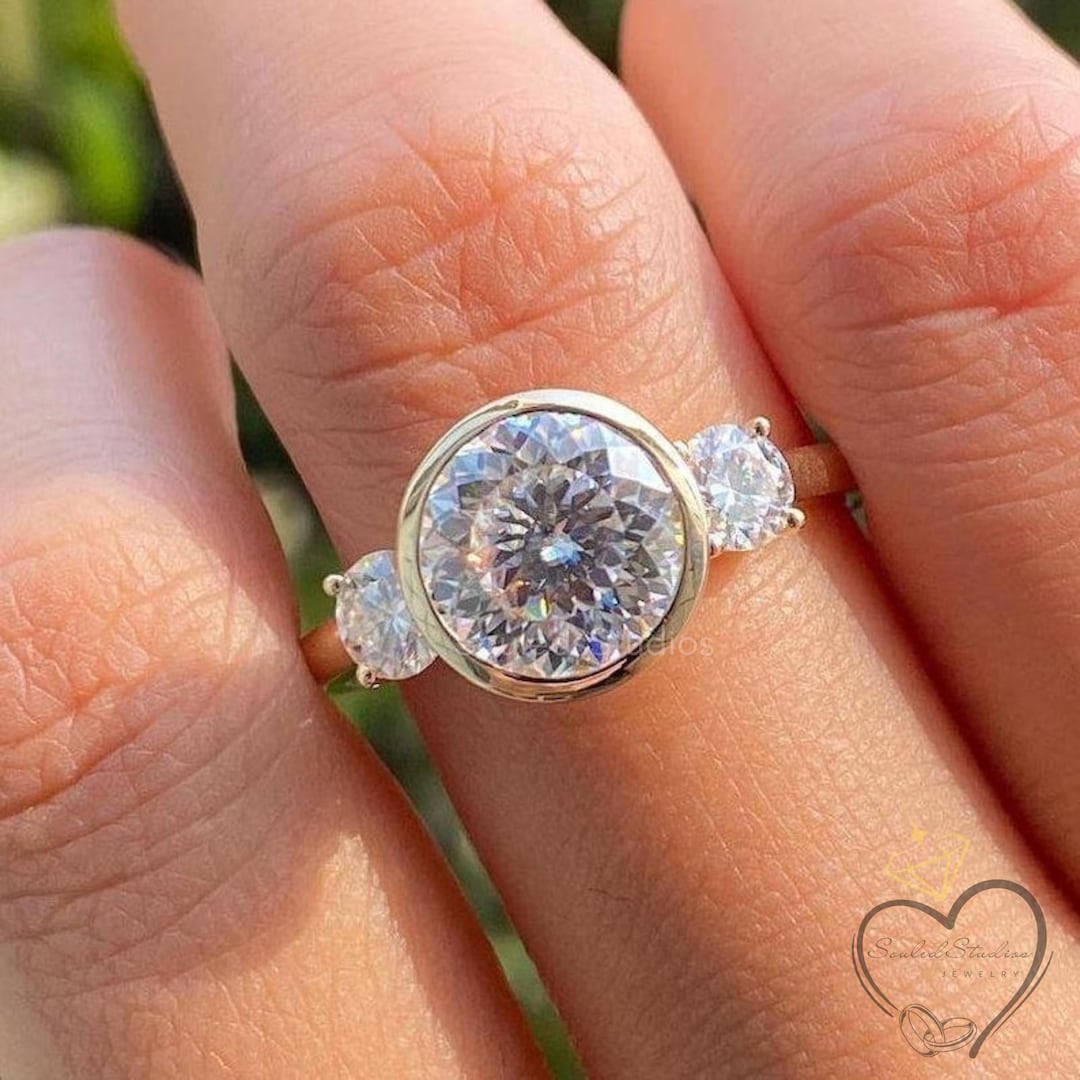 2 CT Bezel Set Portuguese Cut Moissanite Engagement Ring Three Stone ...