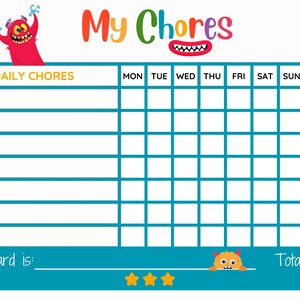 Chore Chart for Kids, Daily Chores, Printable Chores, Reward Chart ...