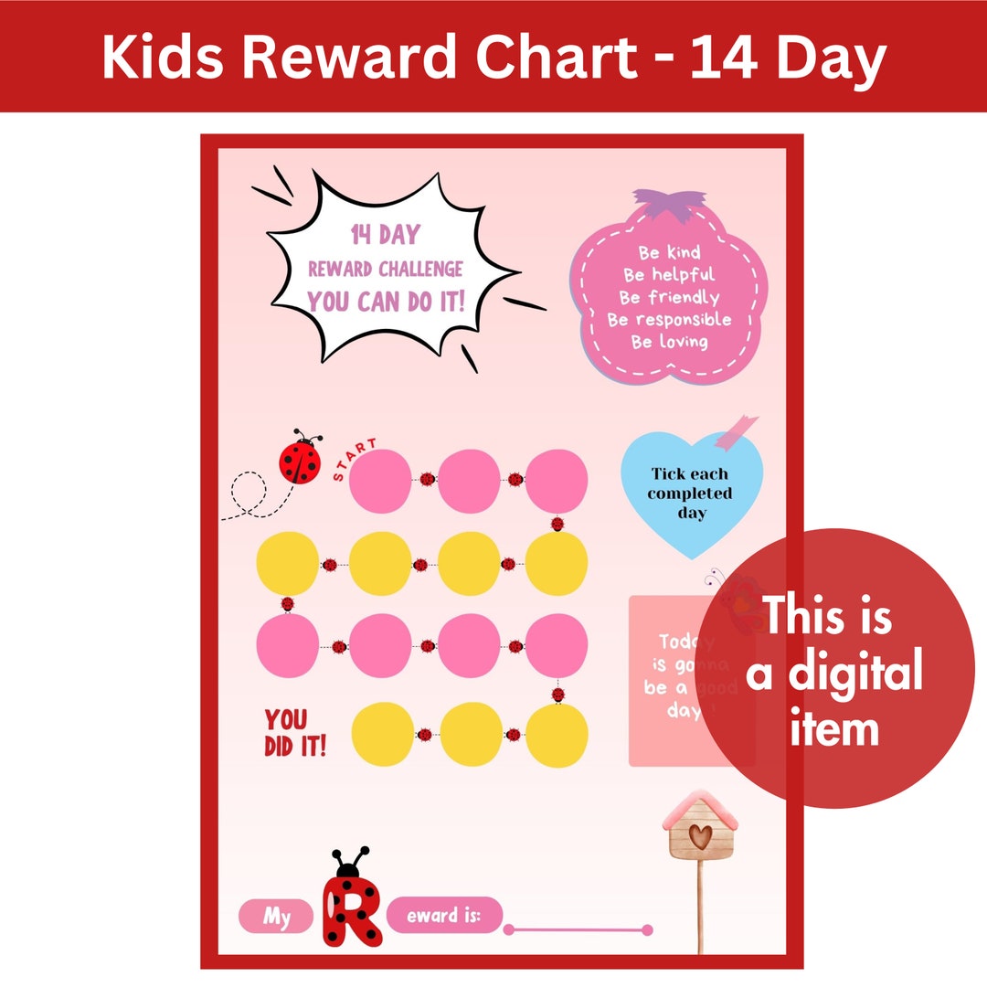 14 Day Kids Reward Chart, Kids Motivation Chart, Reward Chart, Kids ...