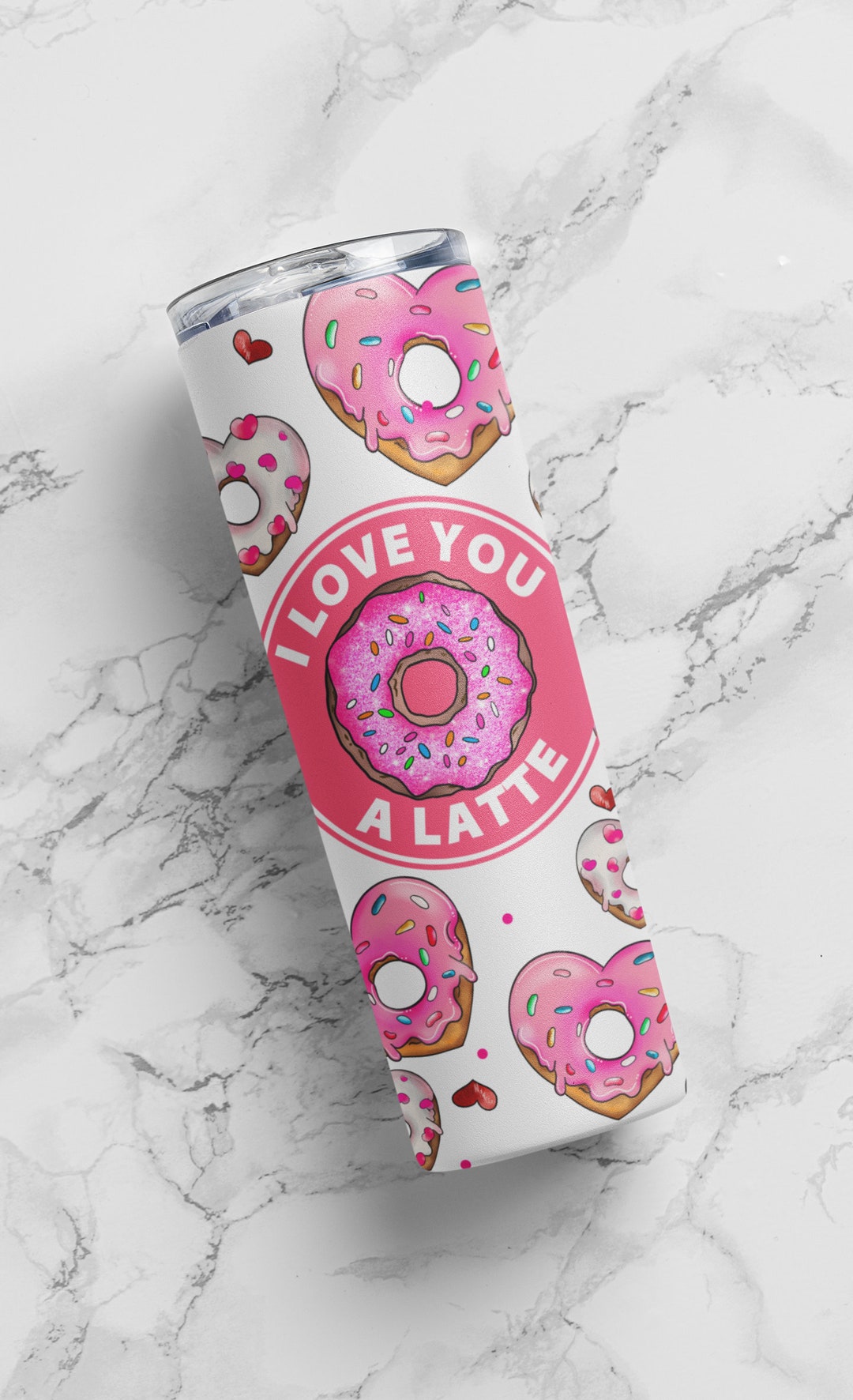 I Love You Latte and Donut 20 Oz Skinny Tumbler | Pink Heart Donut ...