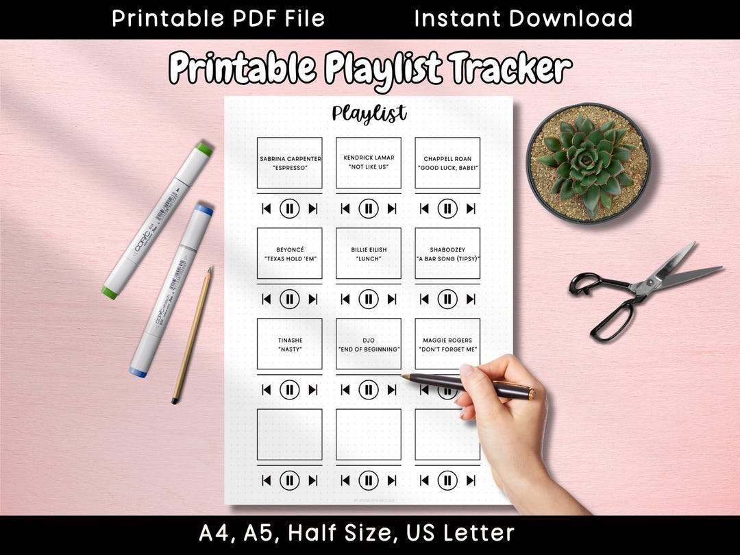 Playlist Tracker Printable Journal Page Planner Page Monthly Playlist ...