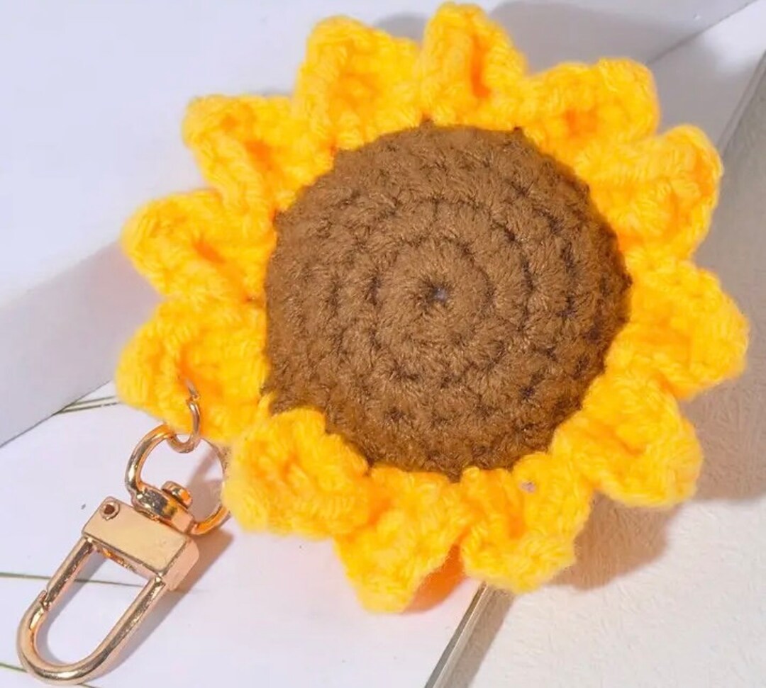 Hand Crocheted SUNFLOWER Keyring Attachment Keychain Metal Key Ring ...