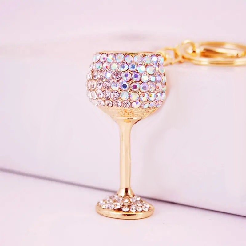 Rhinestone Wine Glass Keychain Metal Key Ring. Gift. 3 Colors to Choose ...