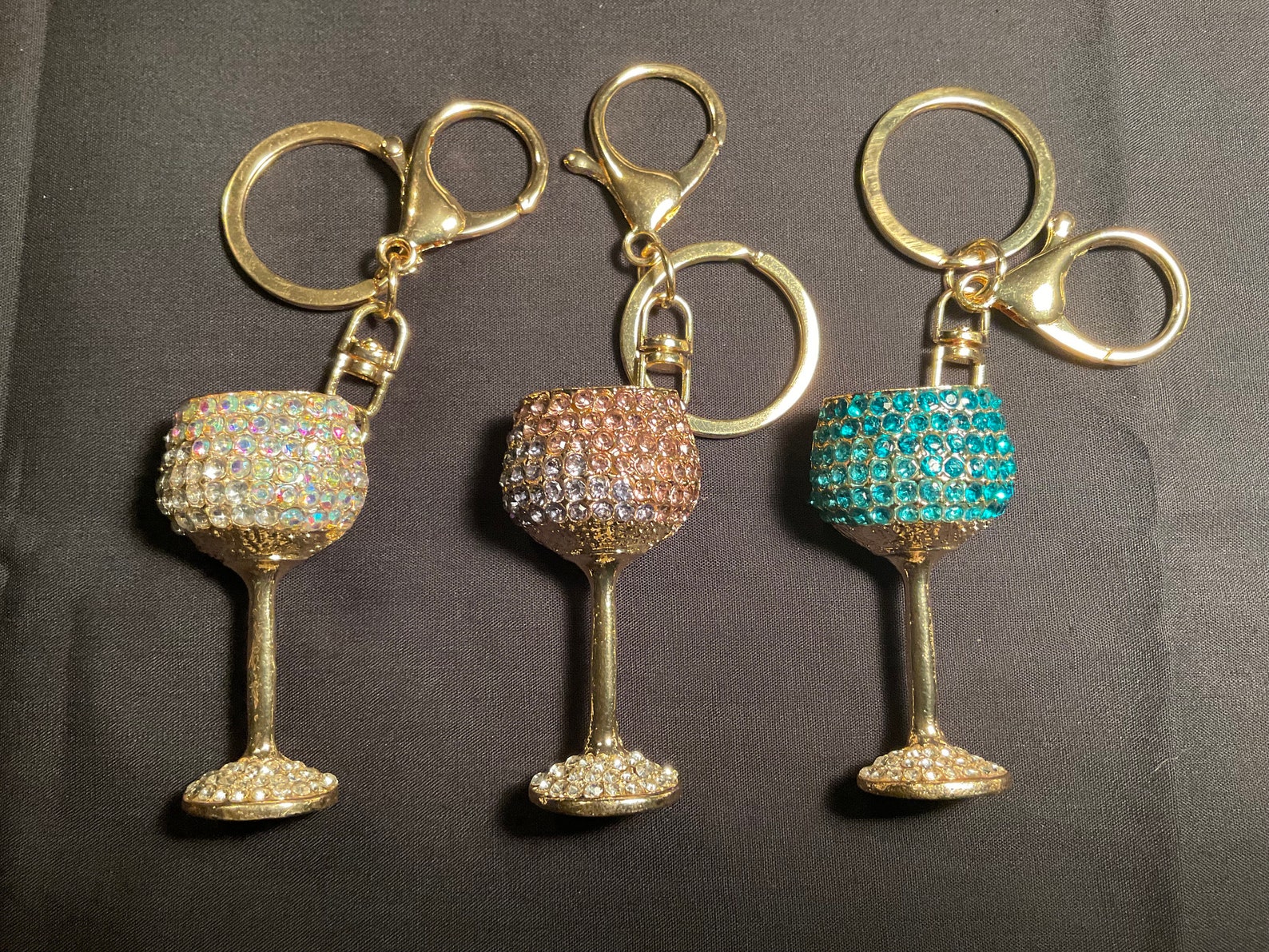 Rhinestone Wine Glass Keychain Metal Key Ring. Gift. 3 Colors to Choose ...