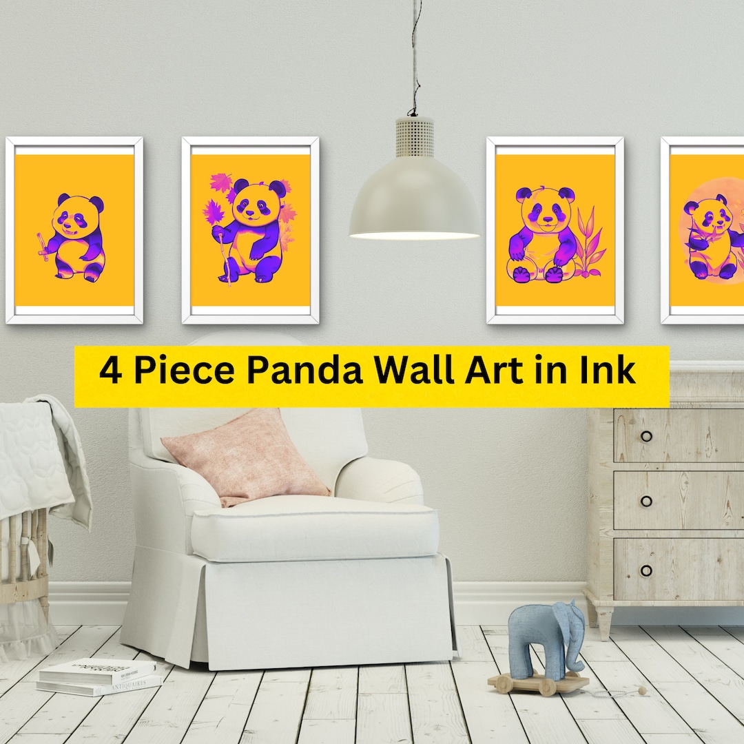 4 Piece Panda Wall Art in Ink, 4 Yellow Panda Art, 4 Cute Panda Print ...