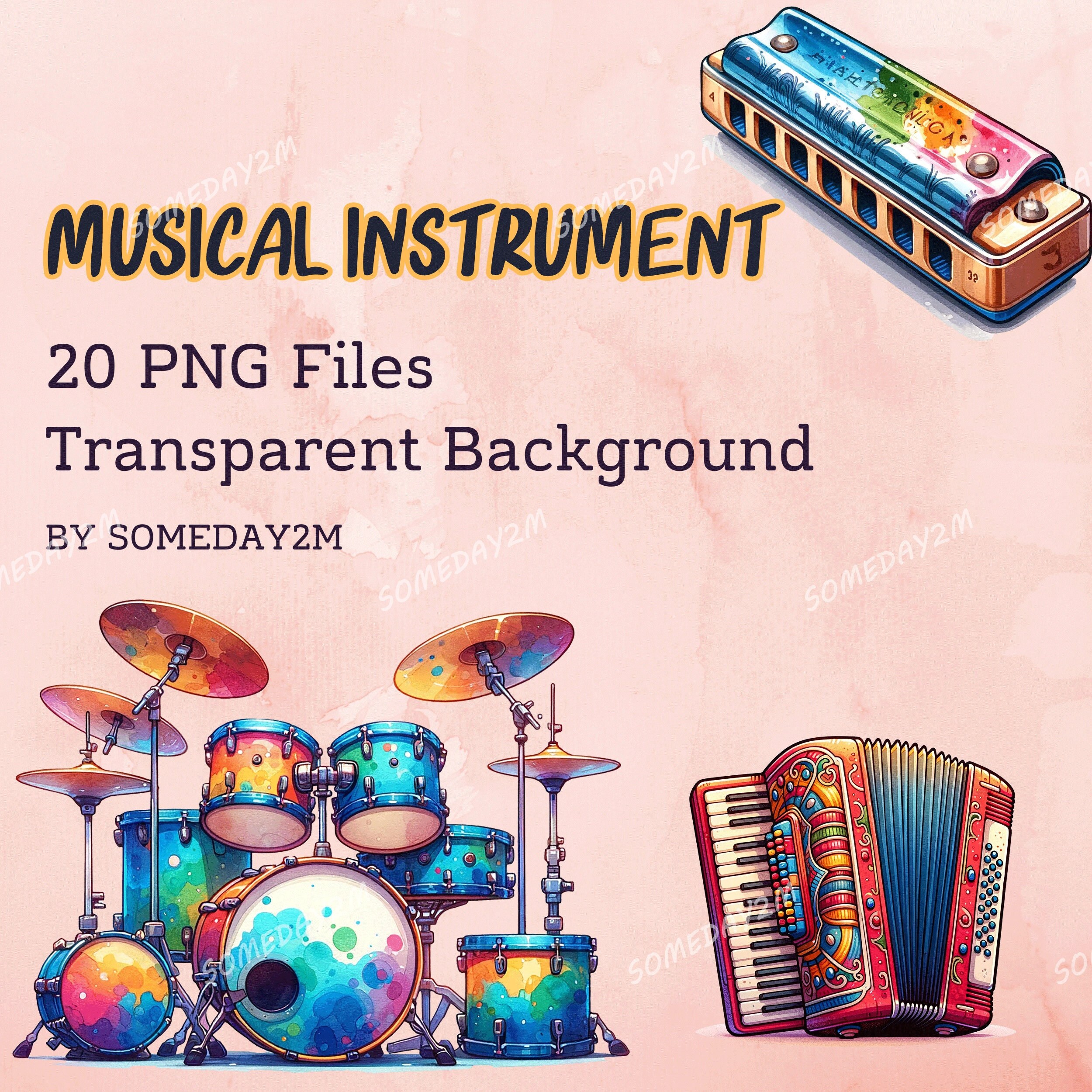 20 Png Music Watercolor Clipart, Musical Instrument Clipart Bundle ...