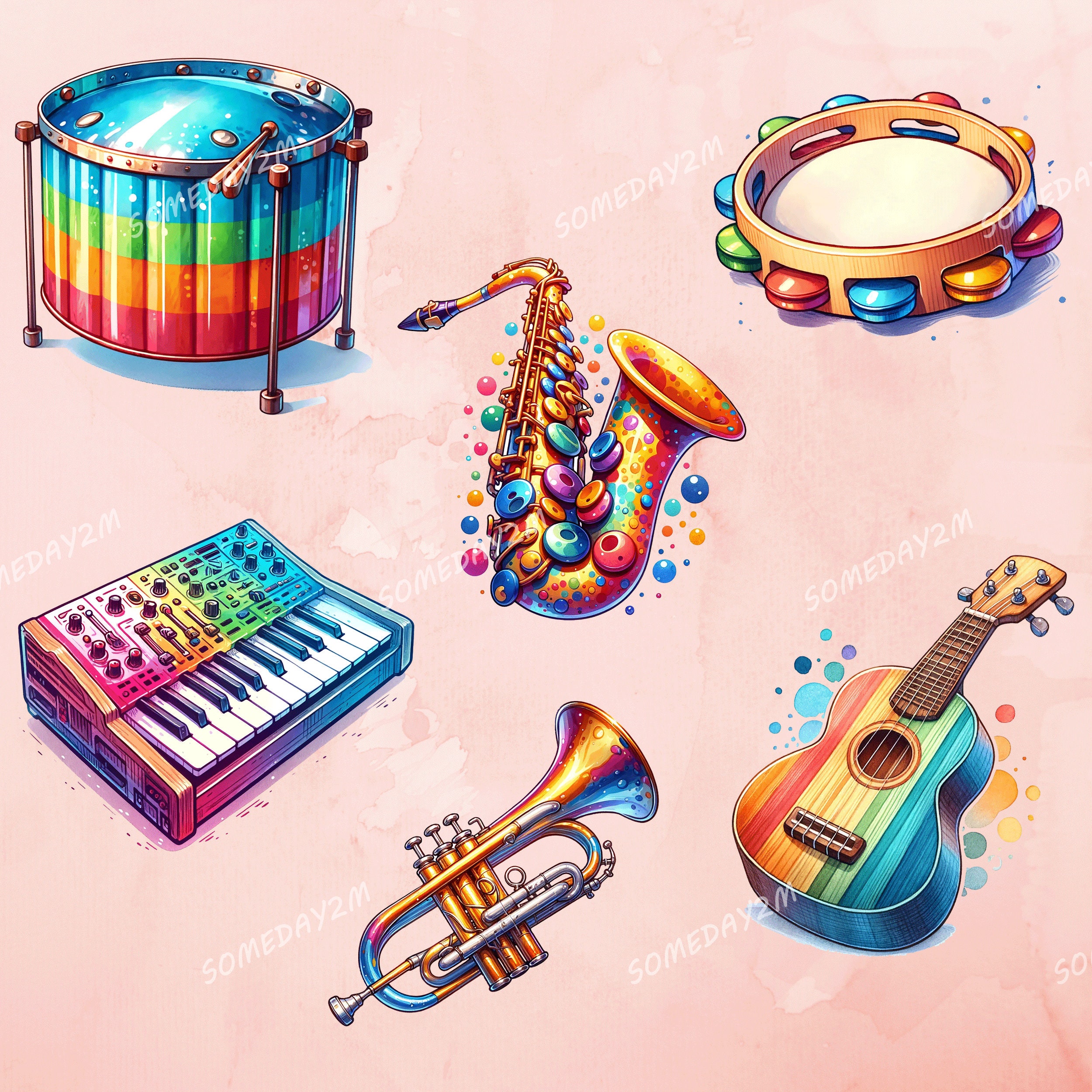20 Png Music Watercolor Clipart, Musical Instrument Clipart Bundle ...