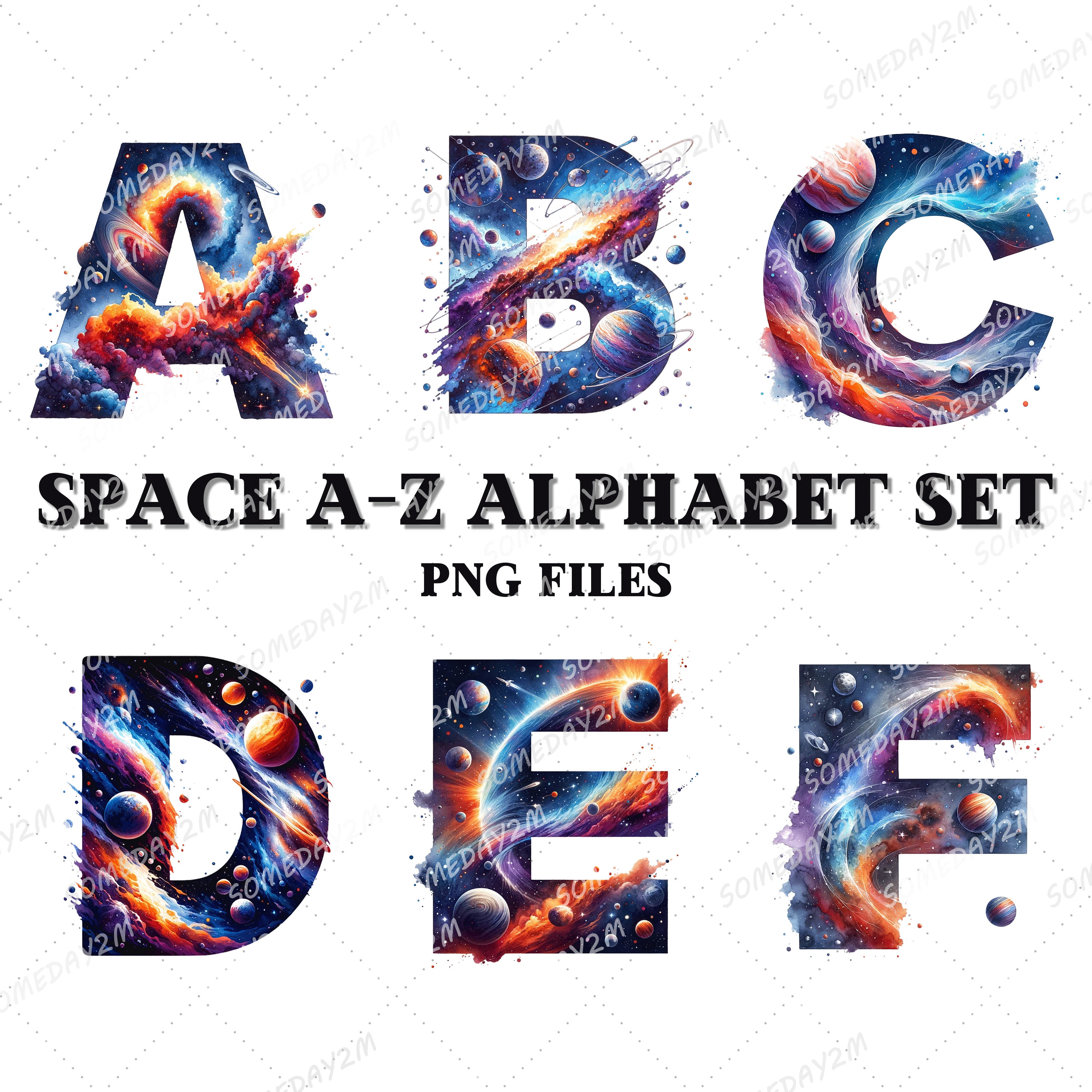 Space A-Z Alphabet Clipart, Space Letters, Watercolor Alphabet Png ...