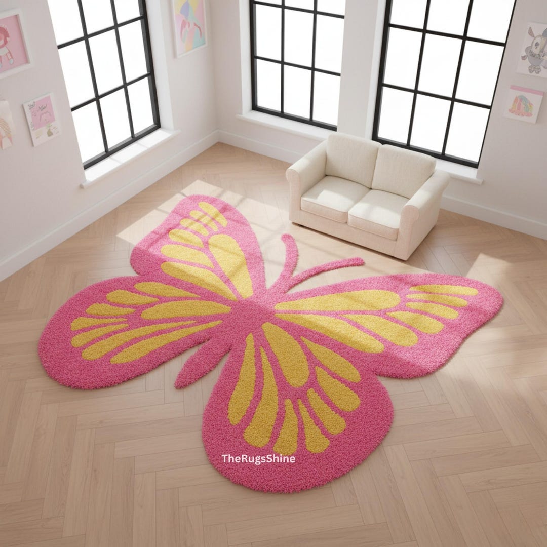 Hand-tufted Wool Butterfly Rug: Pink & Yellow Kids Room Carpet - Etsy