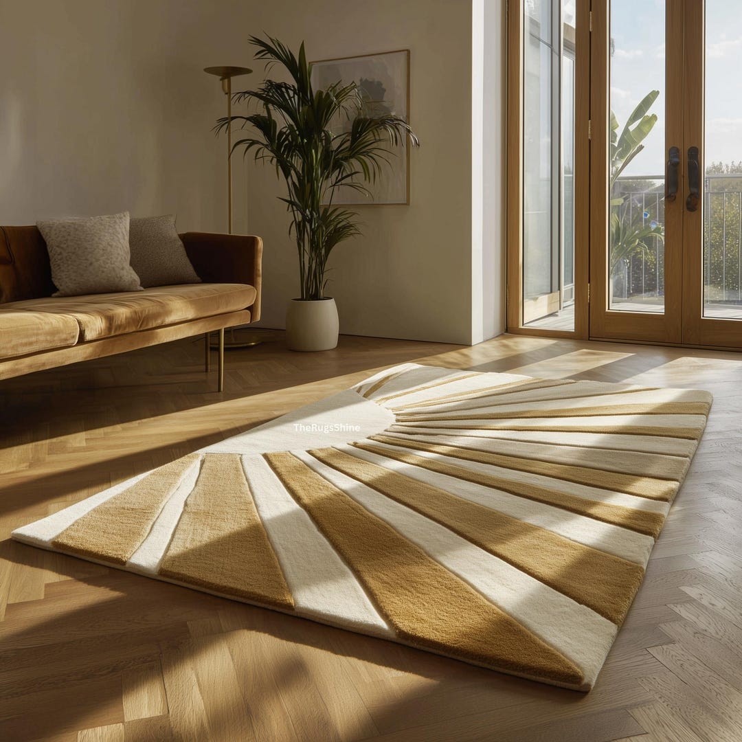 Golden Sunburst Modern Rug | Yellow, Cream Wool Carpet | Hand Tufted ...