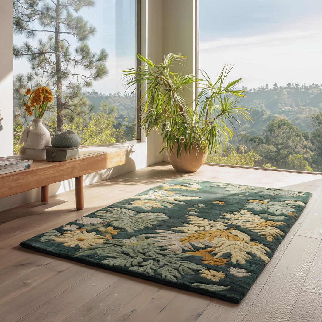 Hand-tufted Wool Botanical Rug | Green Floral Leaves, Nature Inspired ...