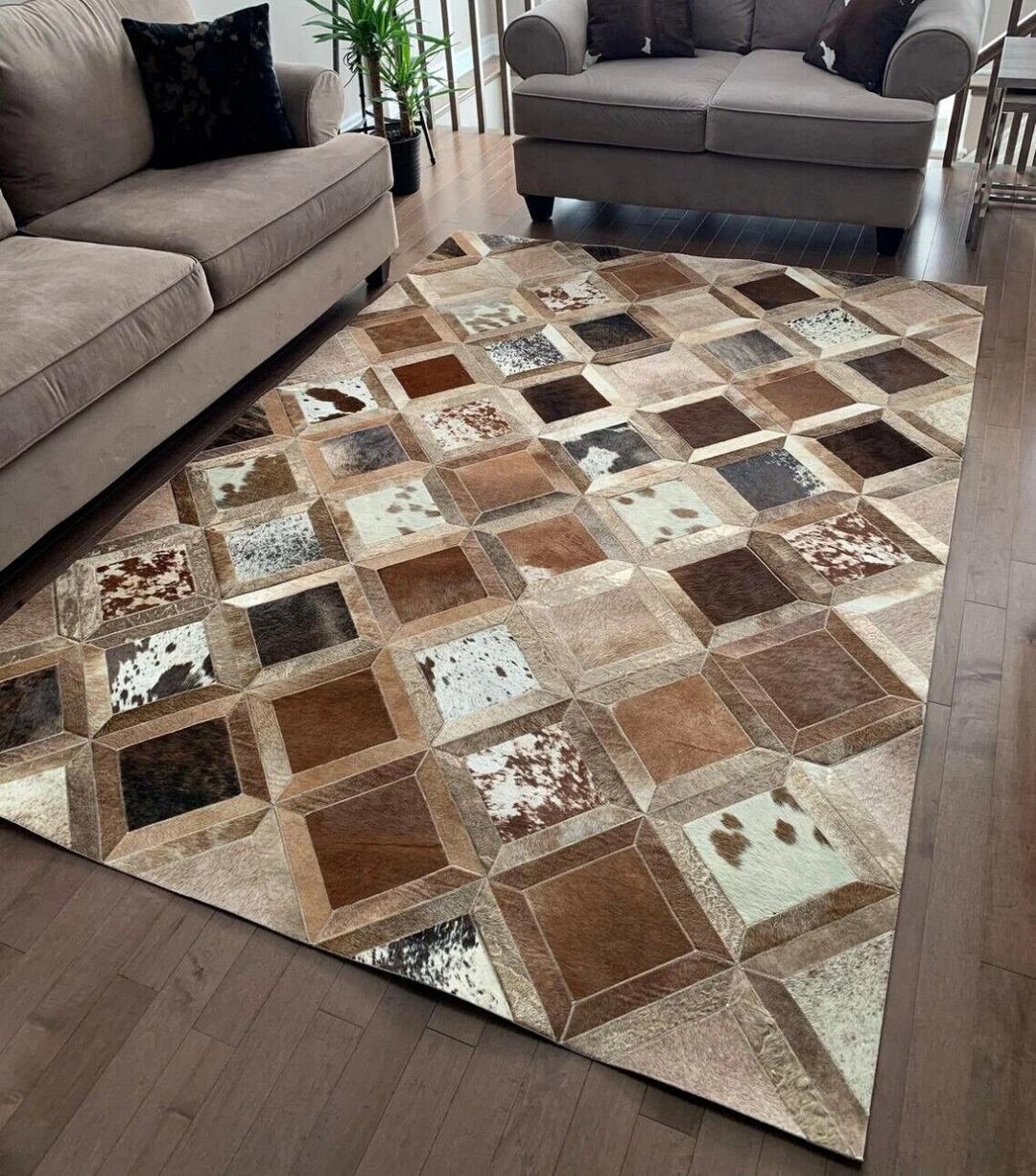New Diamond Abstract Pattern Handmade Patchwork Cowhide Rug | Hand ...