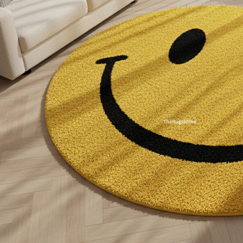 Hand-tufted Wool Smiley Face Rug: Yellow & Black Kids Decor - Etsy