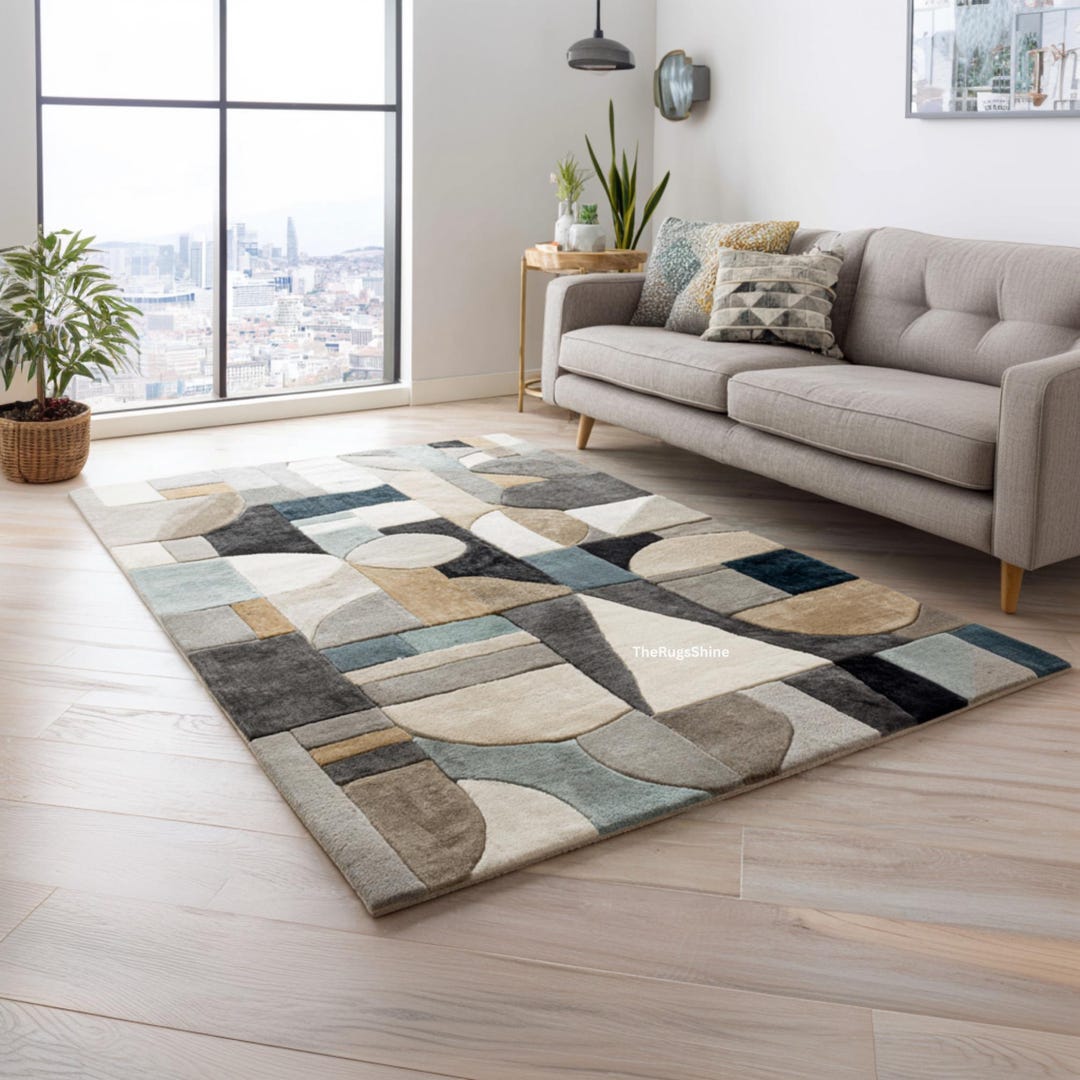 Modern Neutral Geometric Wool Rug – Hand-tufted Abstract Mid-century ...