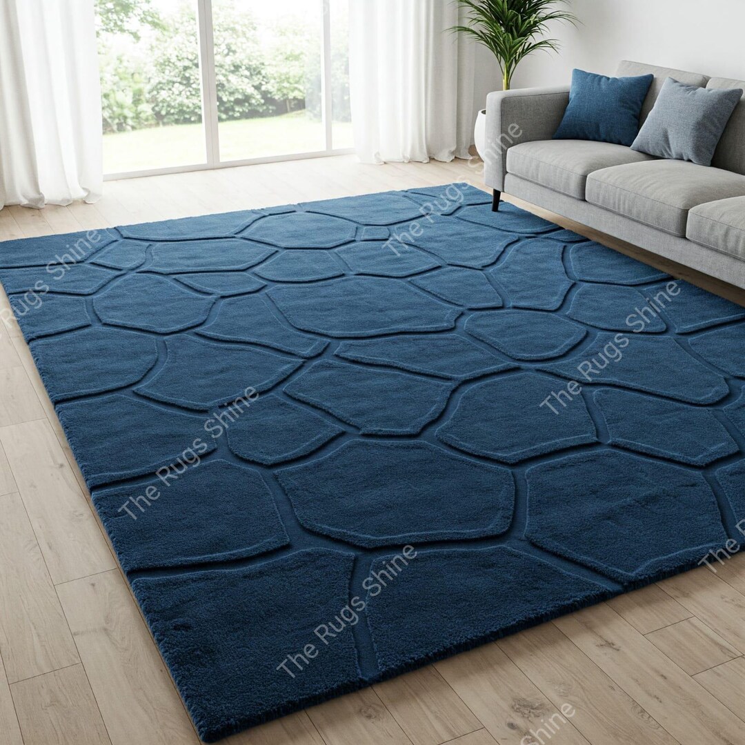 Solid Deep Rich Blue Abstract Hand Tufted Rug, 8x10 Pebble Design Rugs ...
