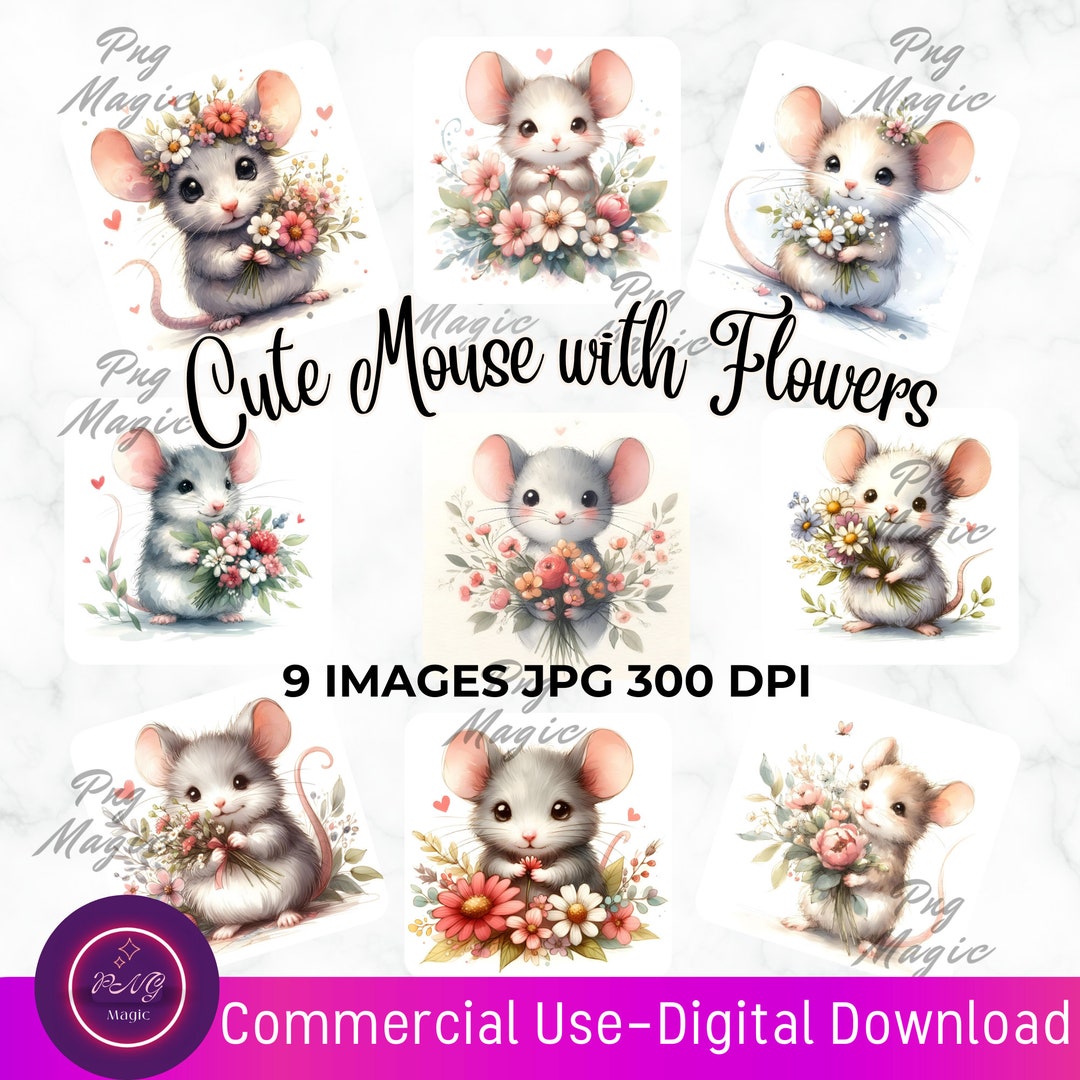 Cute Mouse Floral Clipart Adorable Rodent Flower Charming Mouse and ...