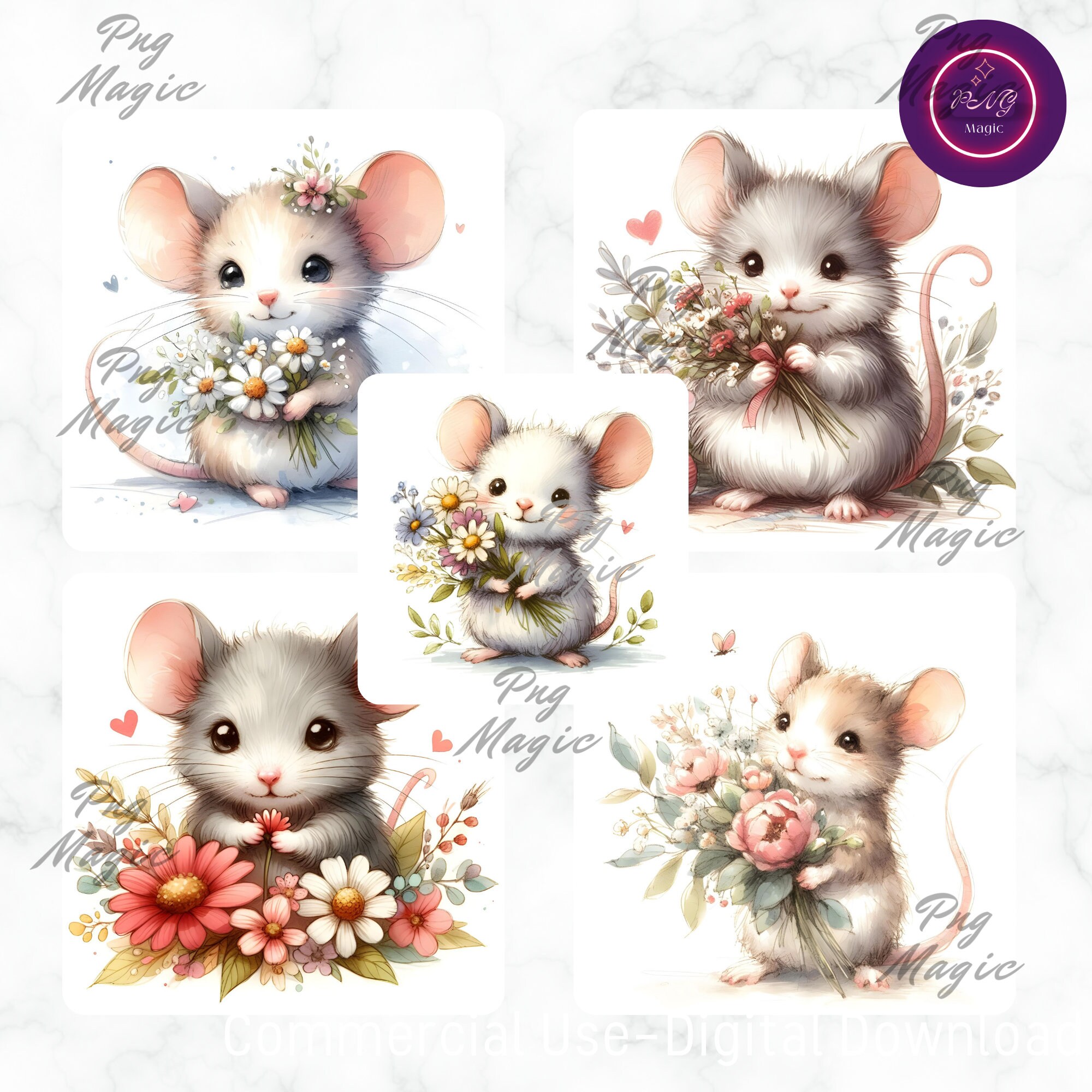 Cute Mouse Floral Clipart Adorable Rodent Flower Charming Mouse and ...