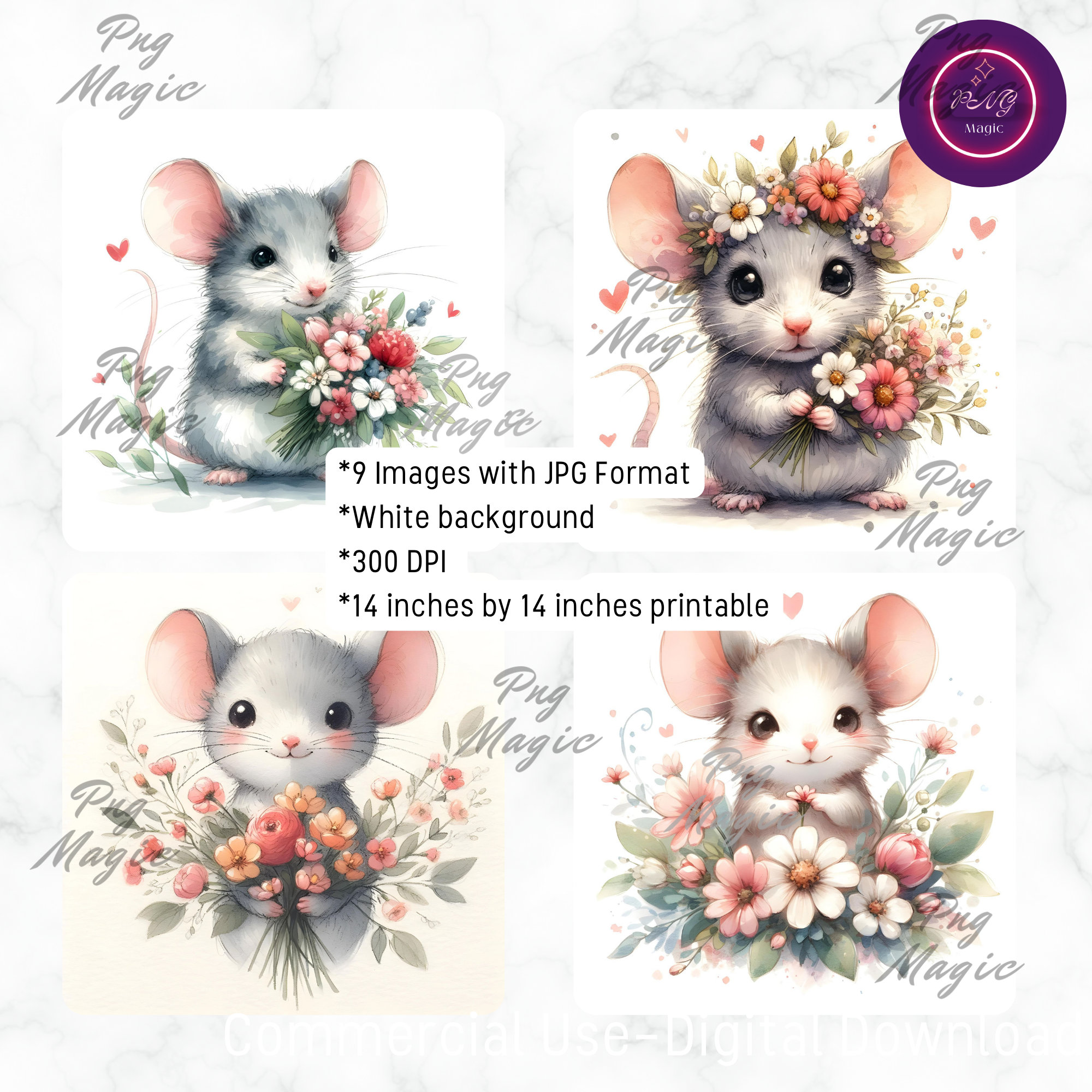 Cute Mouse Floral Clipart Adorable Rodent Flower Charming Mouse and ...