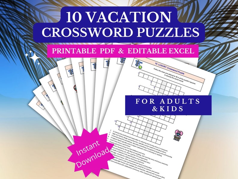 10 Vacation Crossword Puzzles - Printable PDF & Editable Excel ...