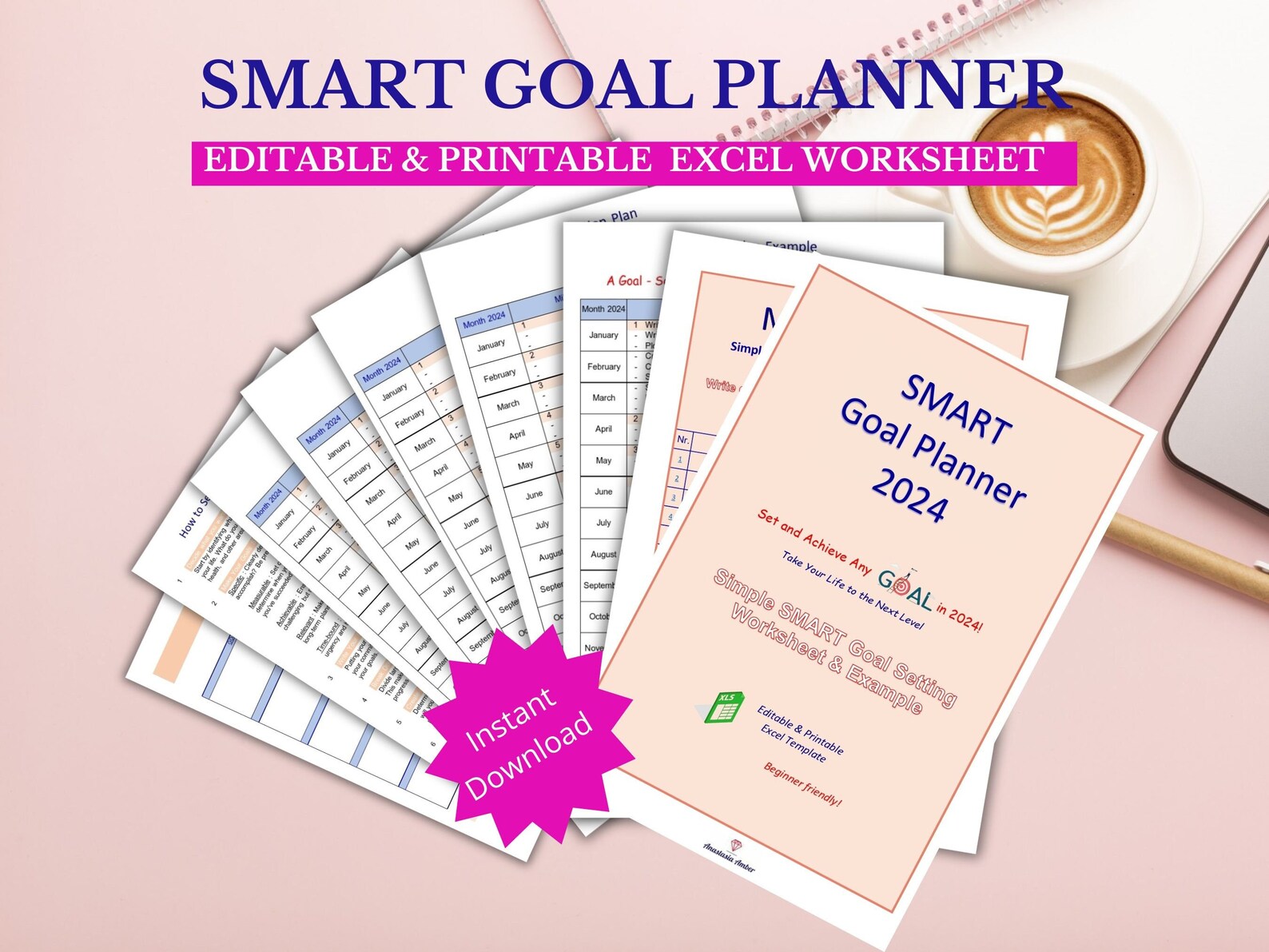 SMART Goal Worksheet Template Minimalist 2024 Goal Planner SMART Goals ...
