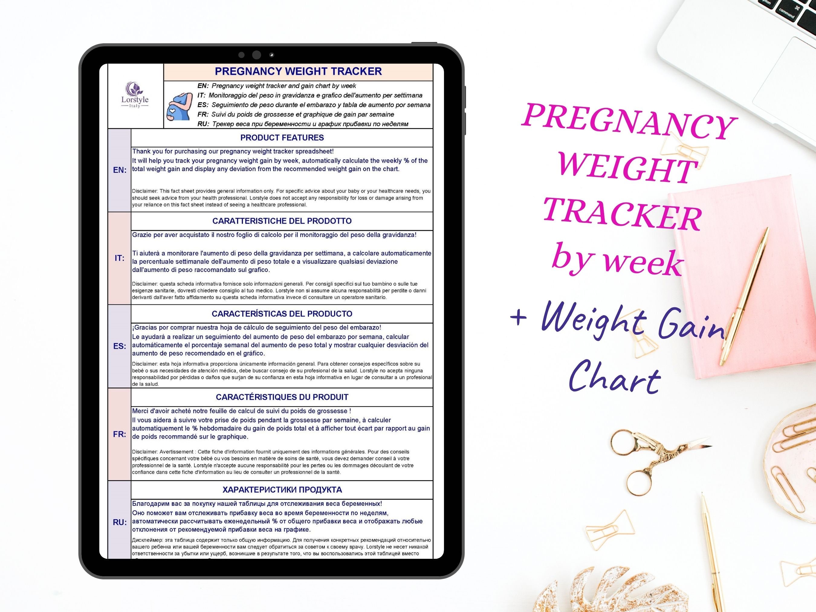 Pregnancy Weight Tracker and Gain Chart by Week - Multilingual Excel ...