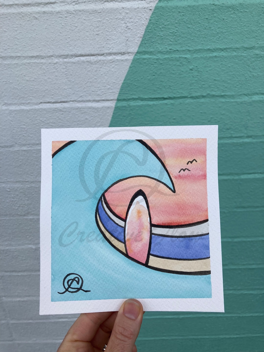 Square Close up Wave, Surfboard, Sun, Contrast, Watercolour Line Art ...