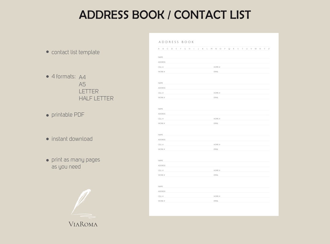 Address Book/contact List Printable A4, A5, Letter, Half Letter PDF - Etsy
