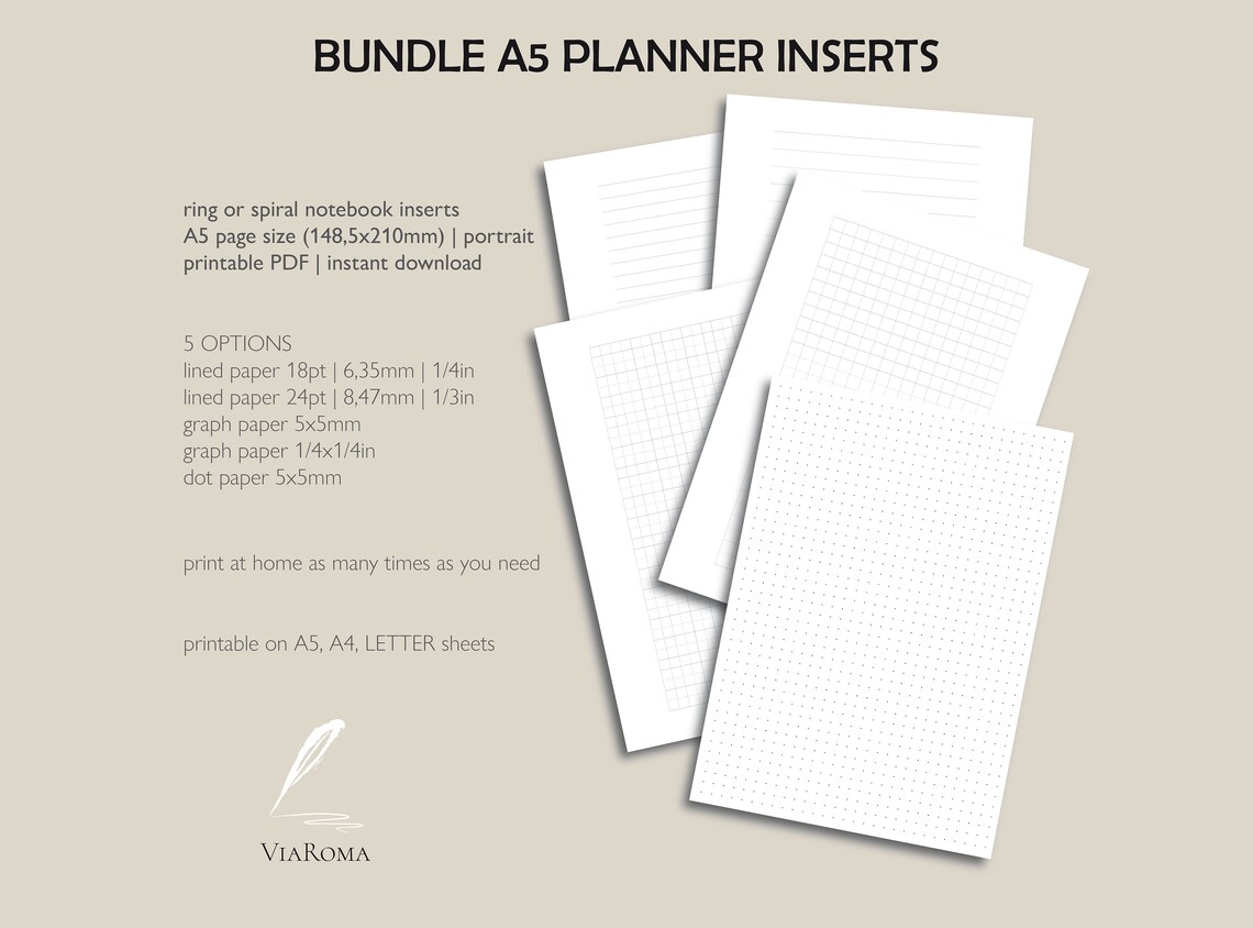 Printable A5 Lined, Graph & Dot Paper bundle A5 Portrait Format PDF ...
