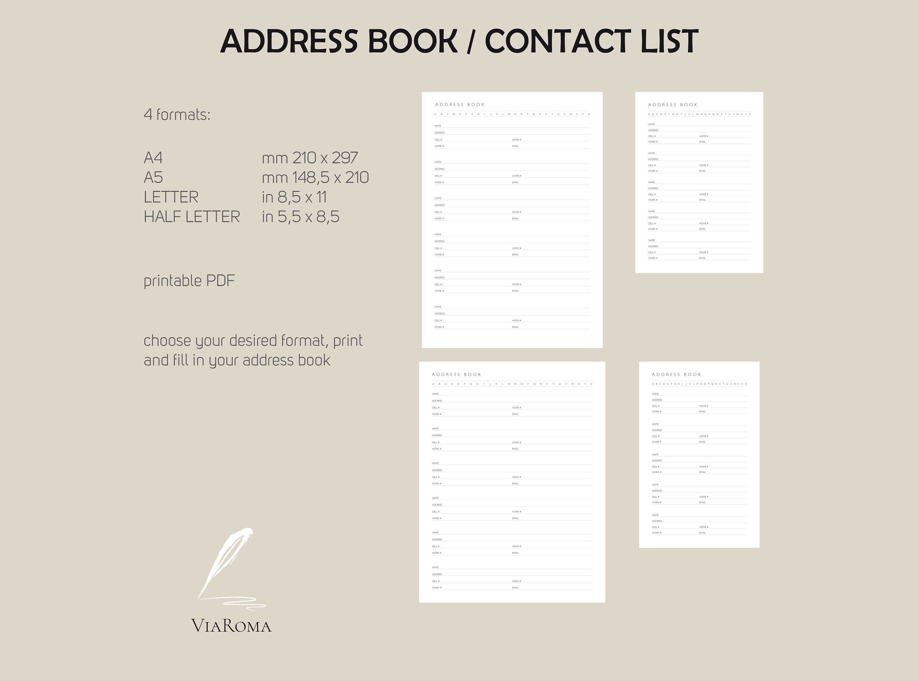 Address Book/contact List Printable A4, A5, Letter, Half Letter PDF - Etsy