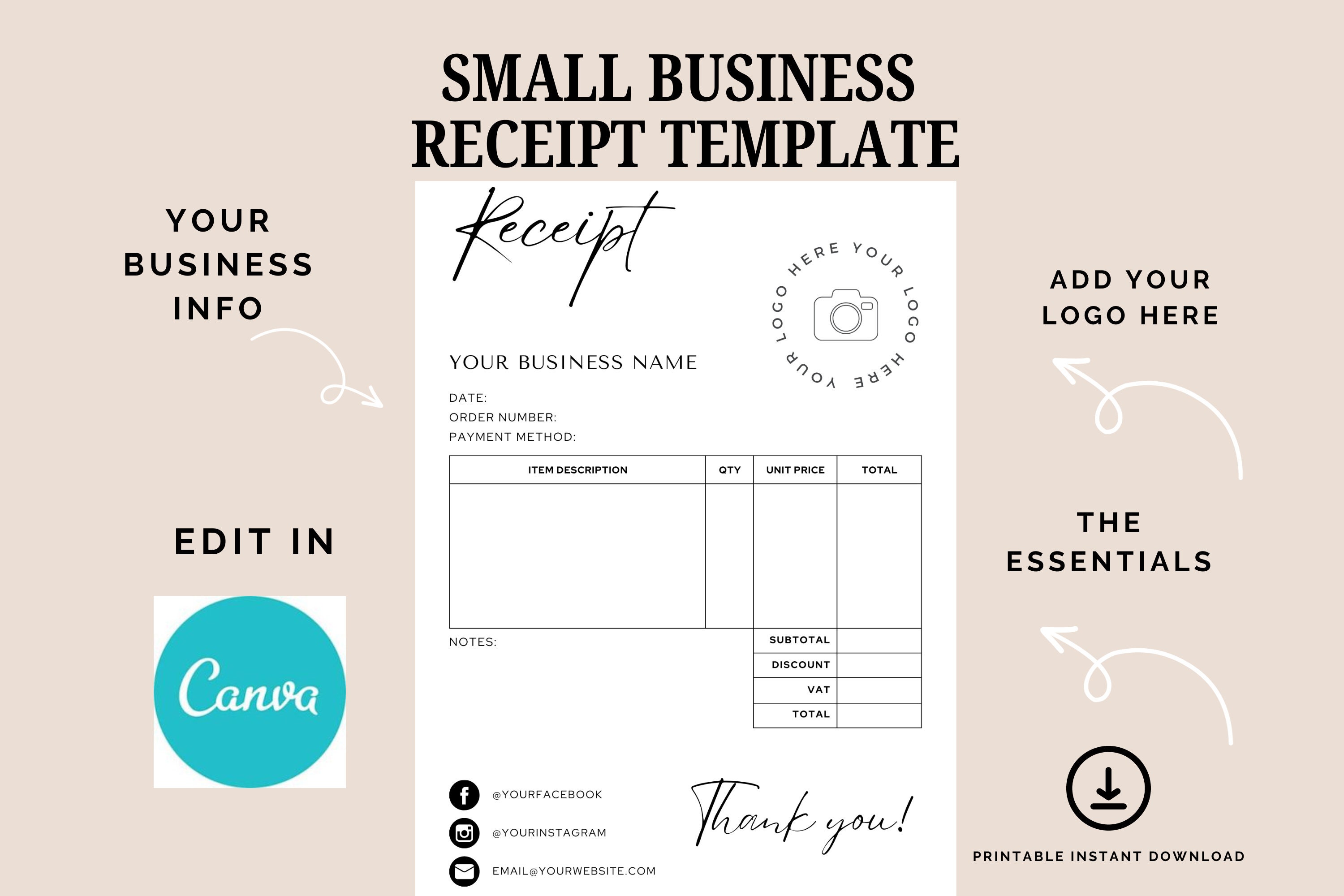 Small Business Receipt Template, INSTANT DOWNLOAD, Business Invoice ...