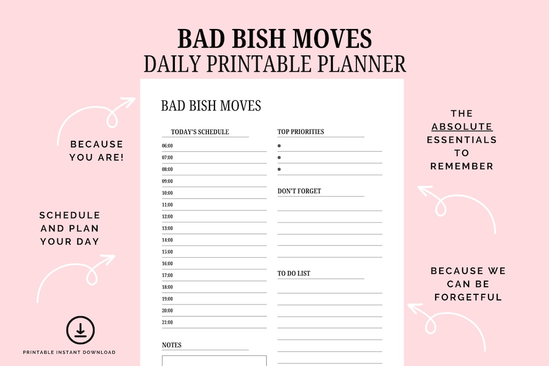 Bad Bish Moves Daily Printable Planner, Hourly Planner, Time Block ...