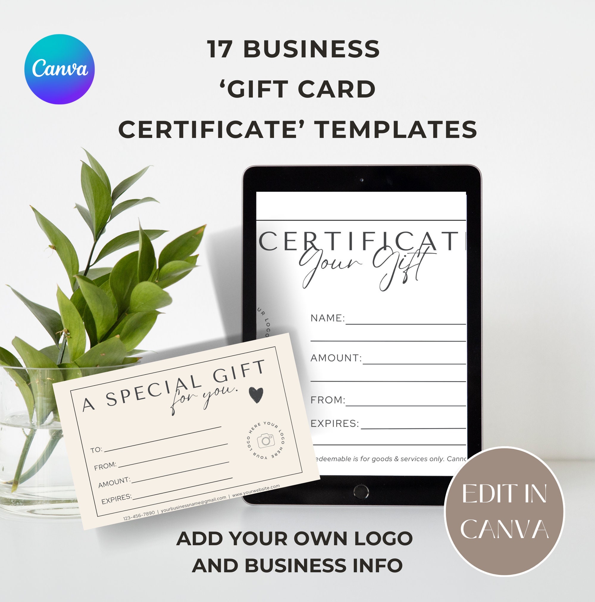 Gift Certificate Template, INSTANT DOWNLOAD, Gift Card Certificate ...