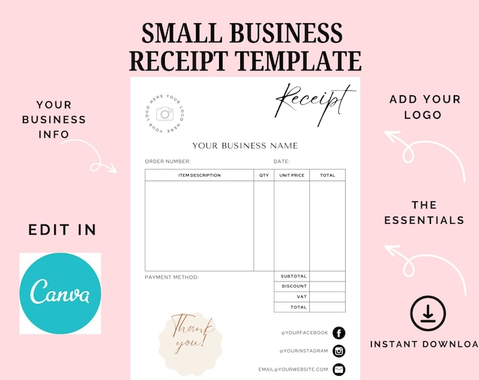 Small Business Receipt Template, INSTANT DOWNLOAD, Business Invoice ...