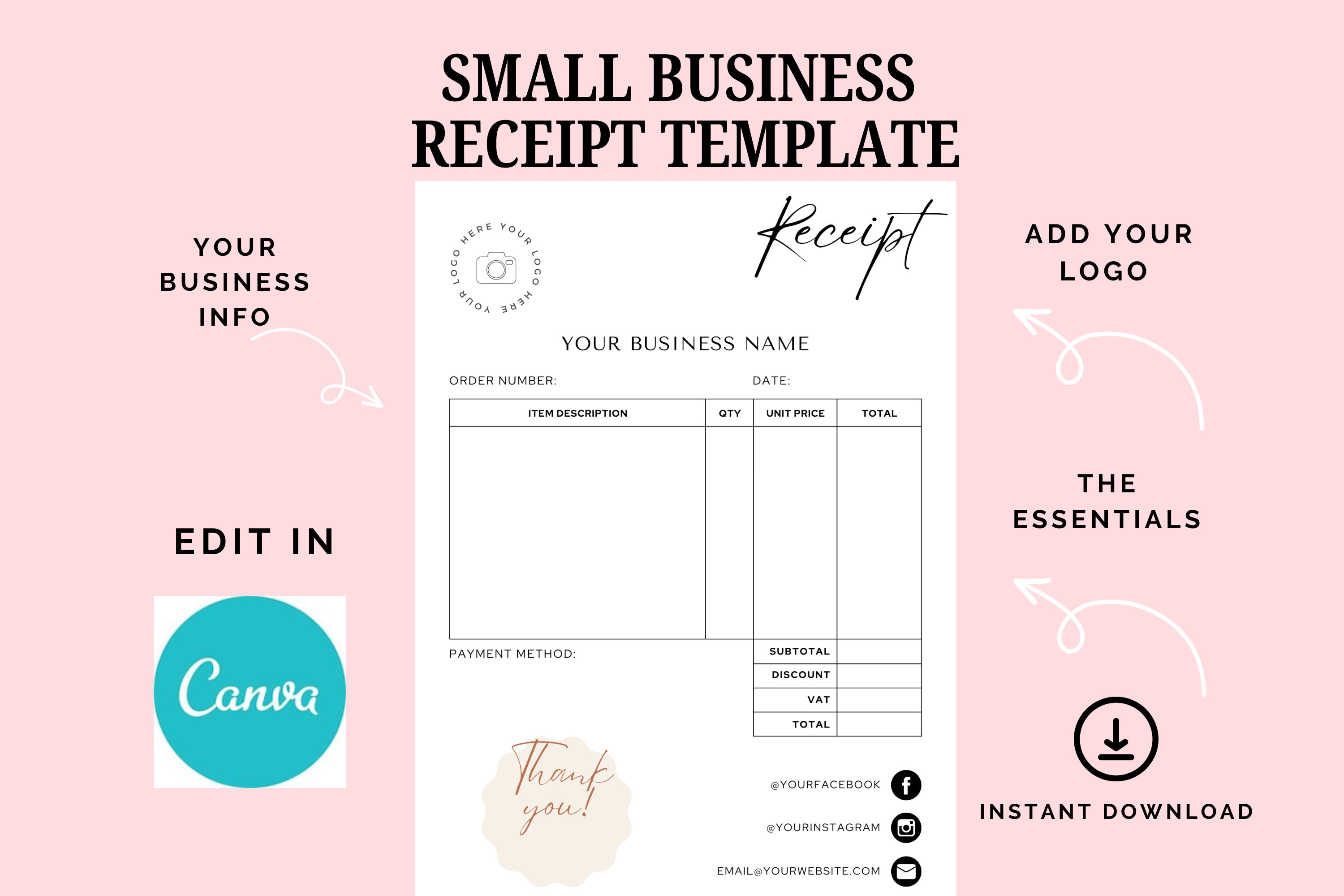 Small Business Receipt Template, INSTANT DOWNLOAD, Business Invoice ...
