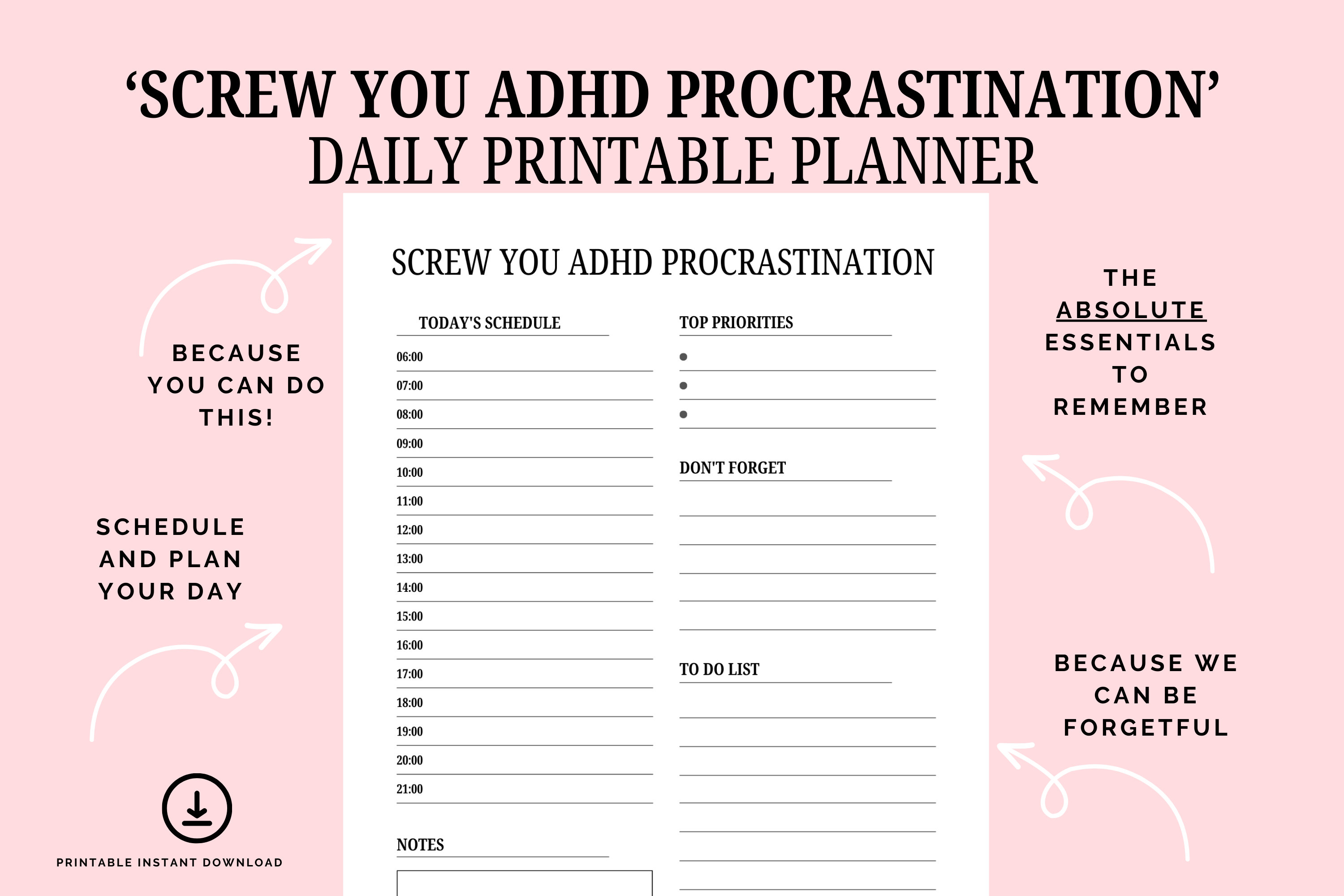 Screw You ADHD Procrastination Daily Printable Planner, Hourly Planner ...