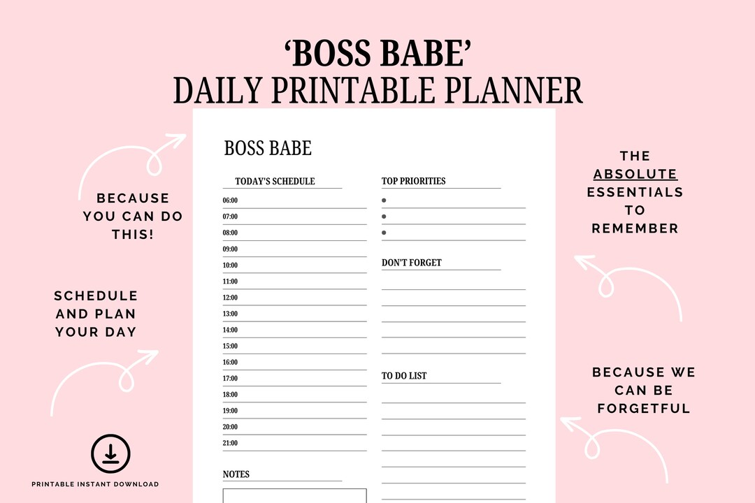 Boss Babe Daily Printable Planner, Hourly Planner, Time Block Template ...