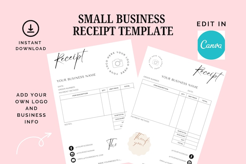 Small Business Receipt Template, INSTANT DOWNLOAD, Business Invoice ...