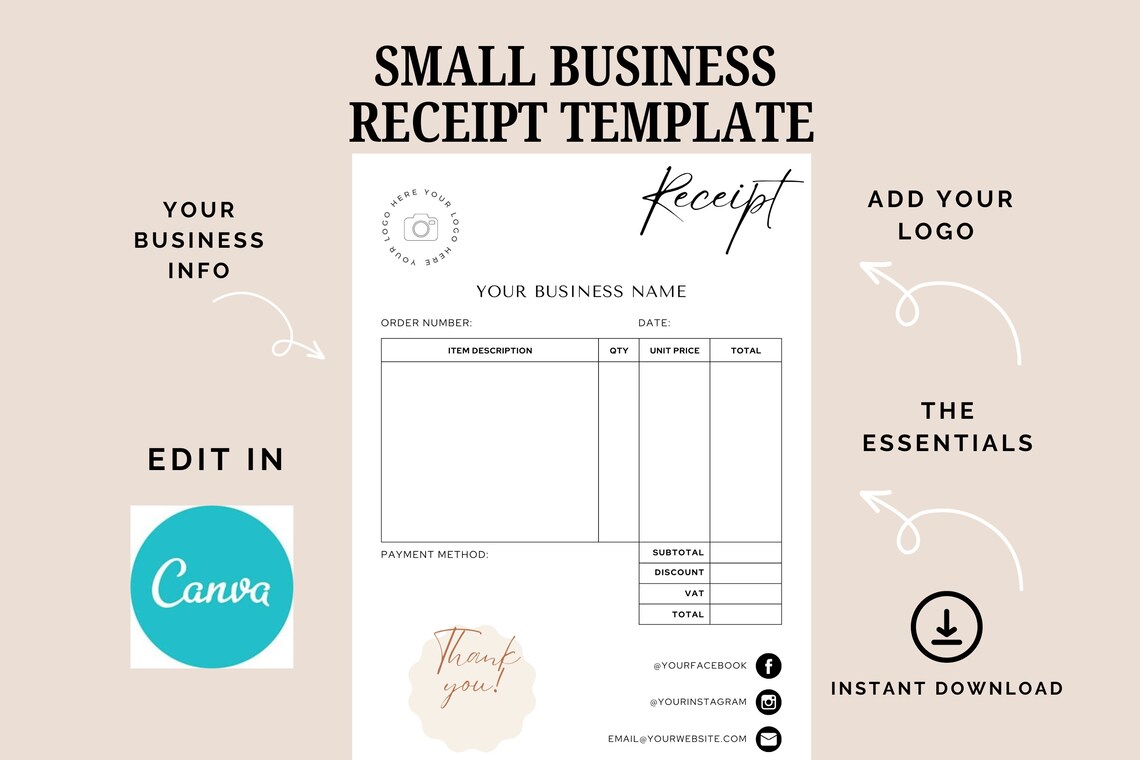 Small Business Receipt Template, INSTANT DOWNLOAD, Business Invoice ...