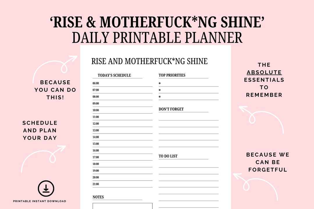 Rise and Shine Daily Printable Planner, Hourly Planner, Time Block ...