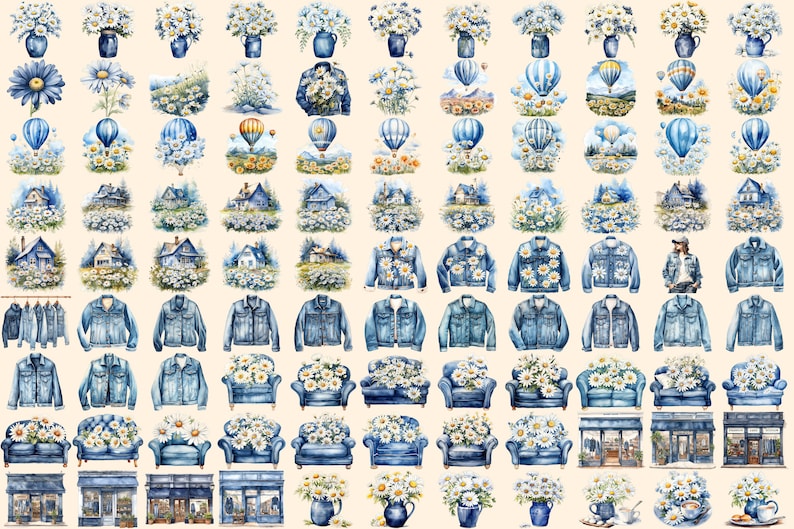 Denim Daisies Watercolor Clipart Bundle – 675+ PNG, Blue Springtime ...