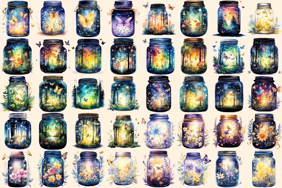 Firefly Jars Watercolor Clipart Bundle – Whimsical PNG Graphics ...