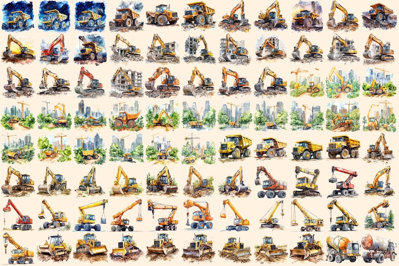 Watercolor Construction Vehicles Clipart – 600+ PNG Images (digital ...