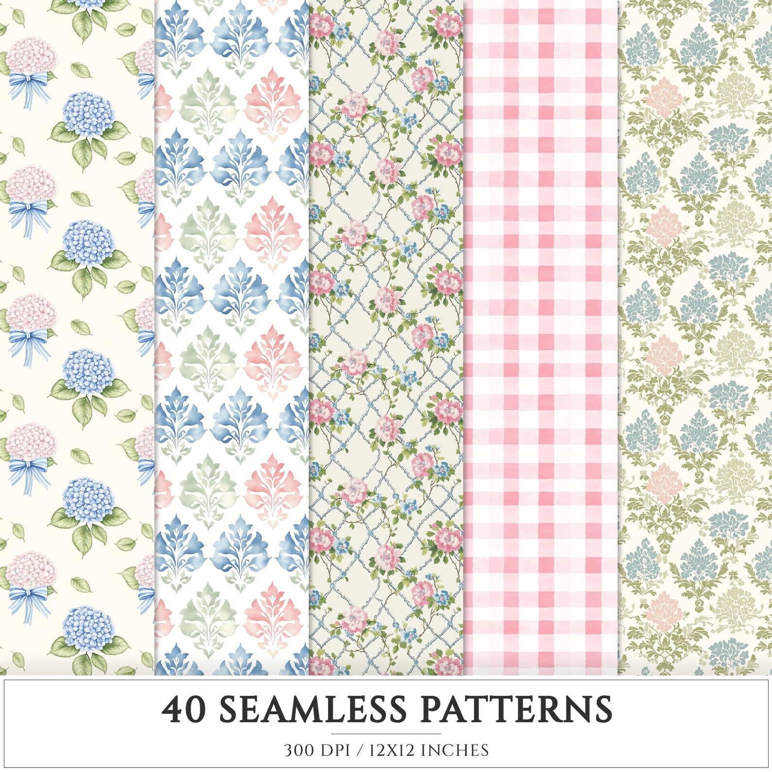 Grandmillennial Seamless Patterns, Chinoiserie, Pastel (digital ...