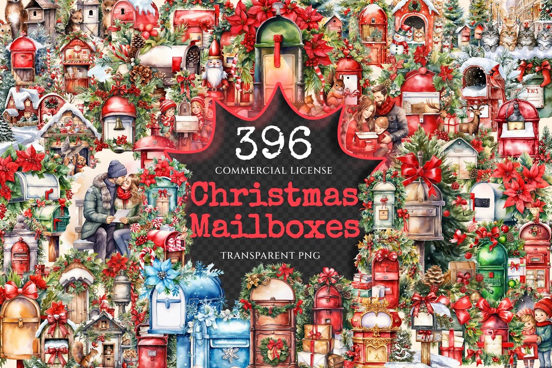 Christmas Mailboxes Watercolor Clipart Bundle - 392+ Transparent PNG, Holiday Postcard Png, X ...