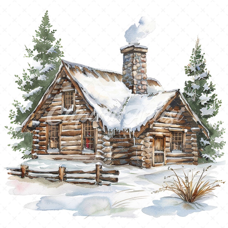 20 High-quality Snowy Log Cabin Clipart Snowy Log Cabin Digital ...