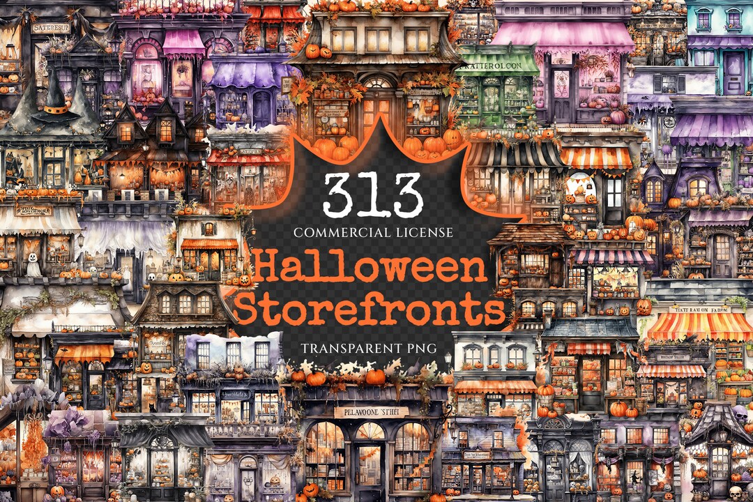 Watercolor Halloween Storefront Clipart – Haunted Buildings, Spooky PNG ...
