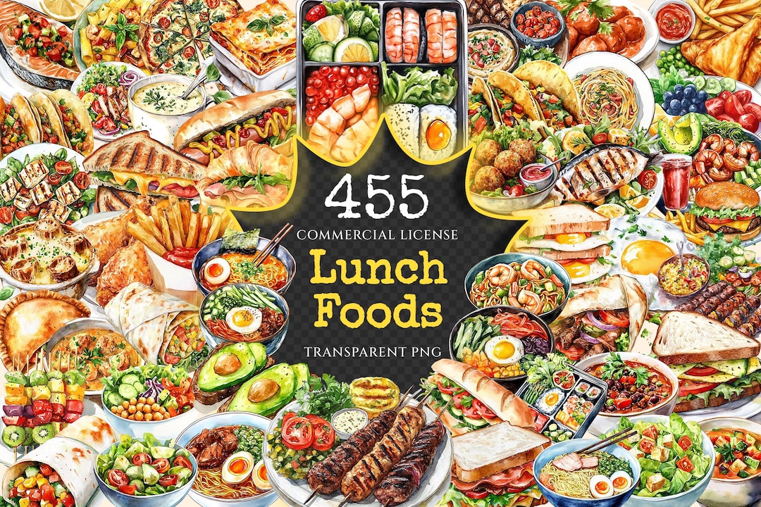 Lunch Foods Watercolor Clipart Bundle - 450+ Transparent PNG, Midday ...