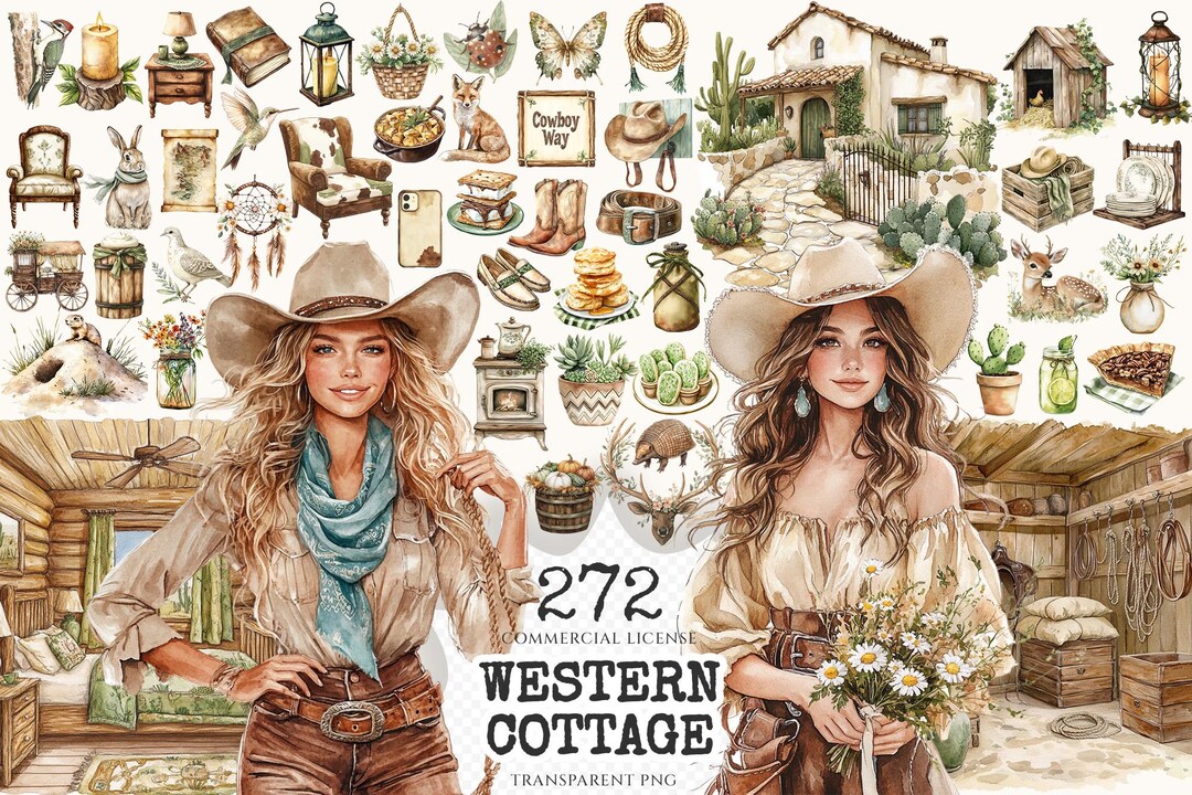 Western Cottage Watercolor Clipart Set – Cowboy, Ranch Art (digital ...